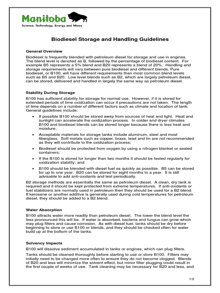 Biodiesel Storage Guidelines and Best Practices | PDF | Biodiesel ...