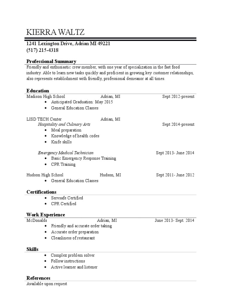 Kierra Waltz: Fast Food Crew Member Resume | PDF | Business | Wellness