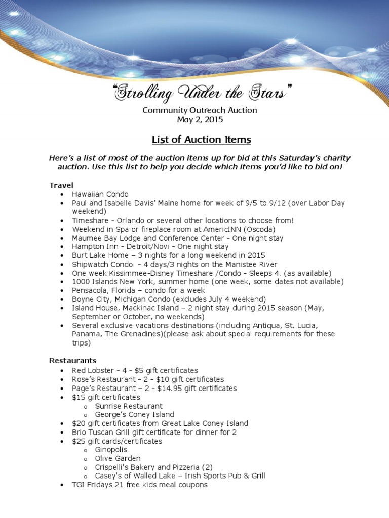 Charity Auction Item List 2015 | PDF | Cooking, Food & Wine | Home & Garden