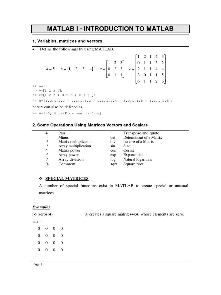 Matlab I - Introduction To Matlab: 1. Variables, Matrices and Vectors ...