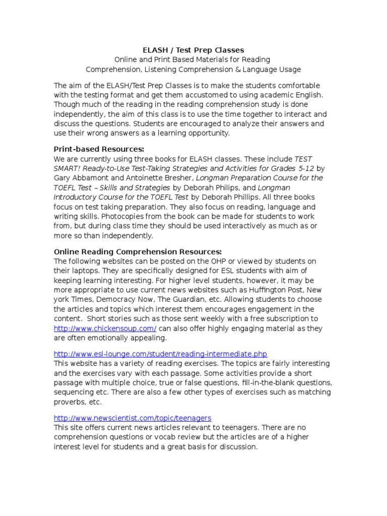 ELASH | PDF | Reading Comprehension | Vocabulary