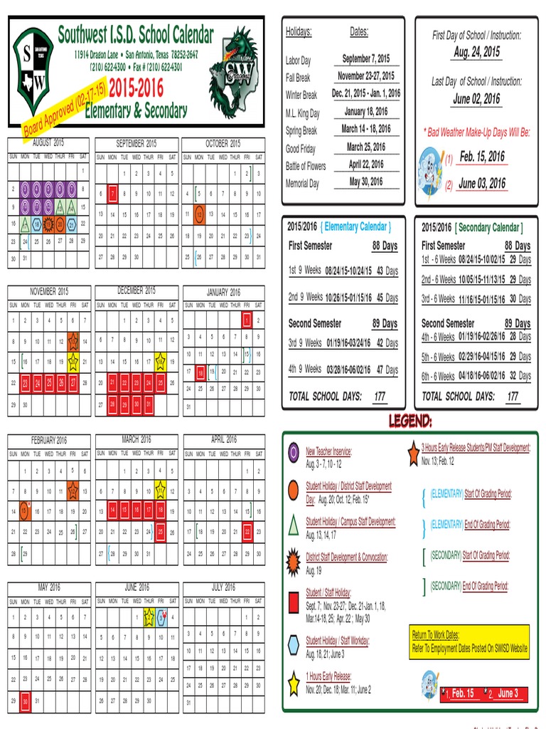 SWISD 2015-2016 School Calendar | PDF | Holidays | Observances