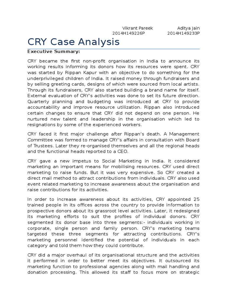 CRY Case Analysis: Executive Summary | PDF | Fundraising | Marketing
