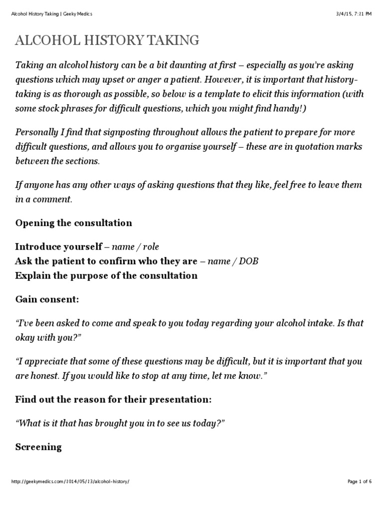 Alcohol History Taking - Geeky Medics | PDF | Substance Dependence ...