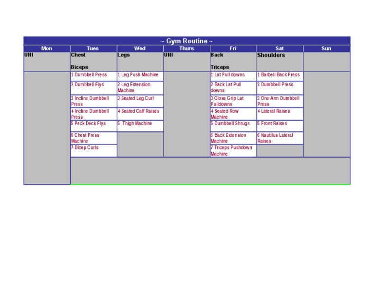 Weekly Gym Workout Schedule | PDF | Cooking, Food & Wine