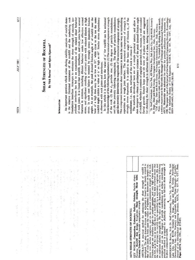 Barton and Kjaernsli-Shear Strength of Rockfill. GT7, ASCE, USA PDF | PDF