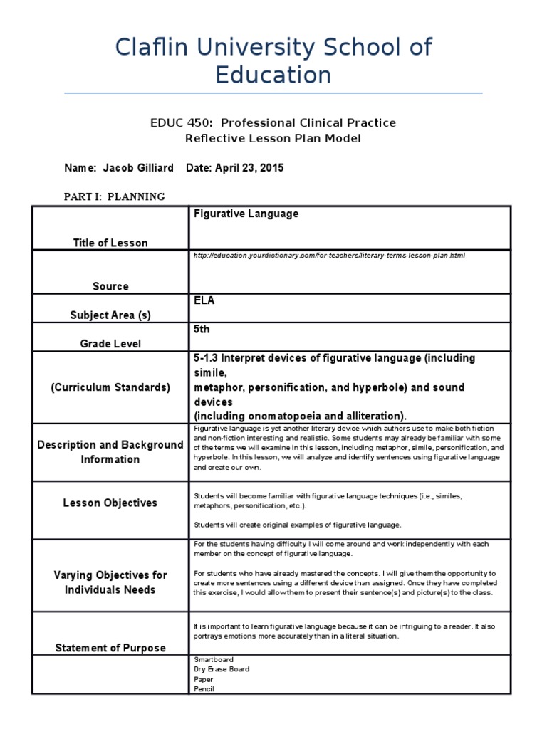 Figurative Language Lesson Plan | PDF | Lesson Plan | Pedagogy