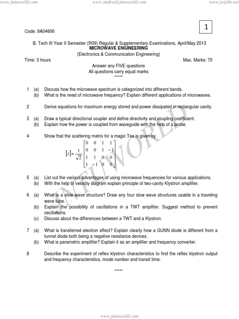 Microwave Engineering Exam Questions | PDF | Technology & Engineering