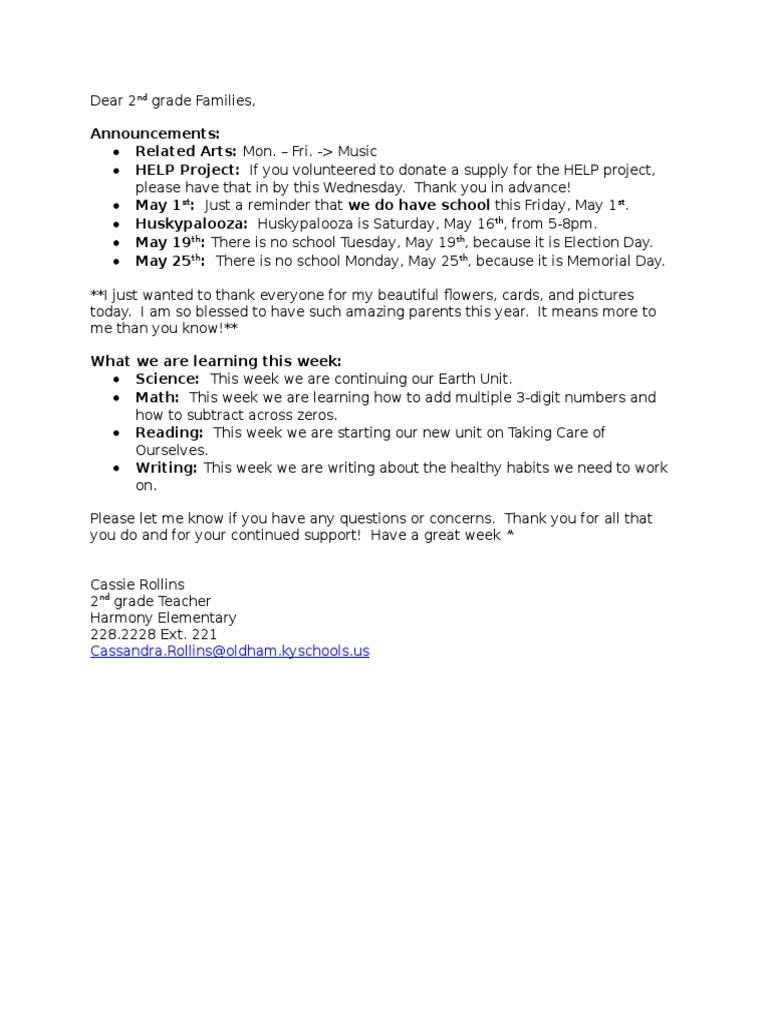 2nd Grade Weekly Announcements & Learning | PDF | Wellness