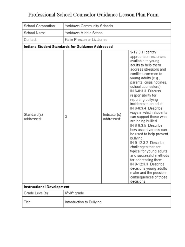 Professional School Counselor Guidance Lesson Plan Form: Indiana ...