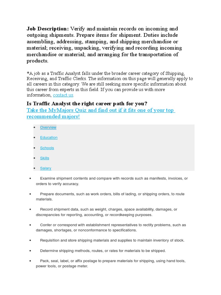 Traffic Analyst Job Description | PDF | Information | Software