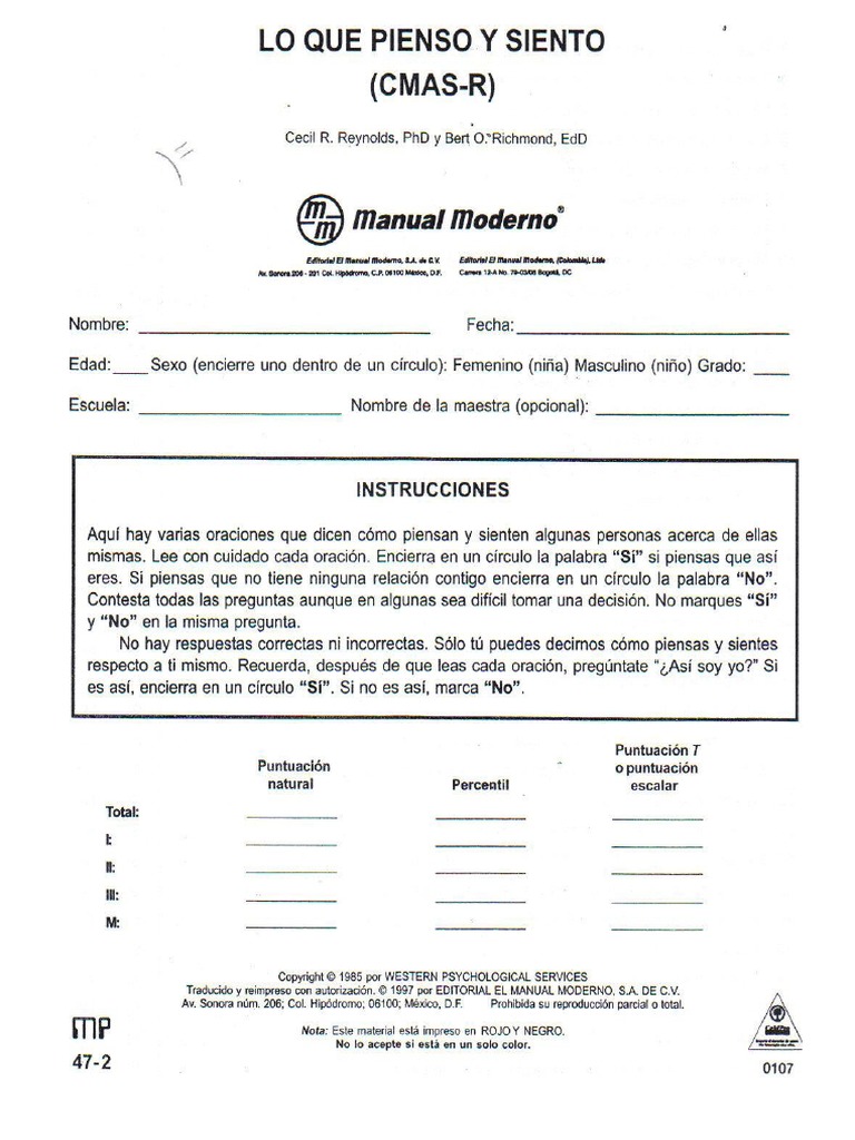 Plantilla Ansiedad CMAS-R | PDF