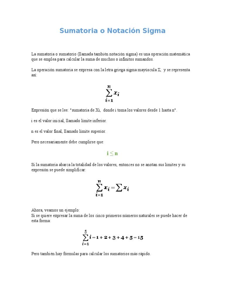 Sumatoria o Notación Sigma | PDF | Suma | Notación Matemática