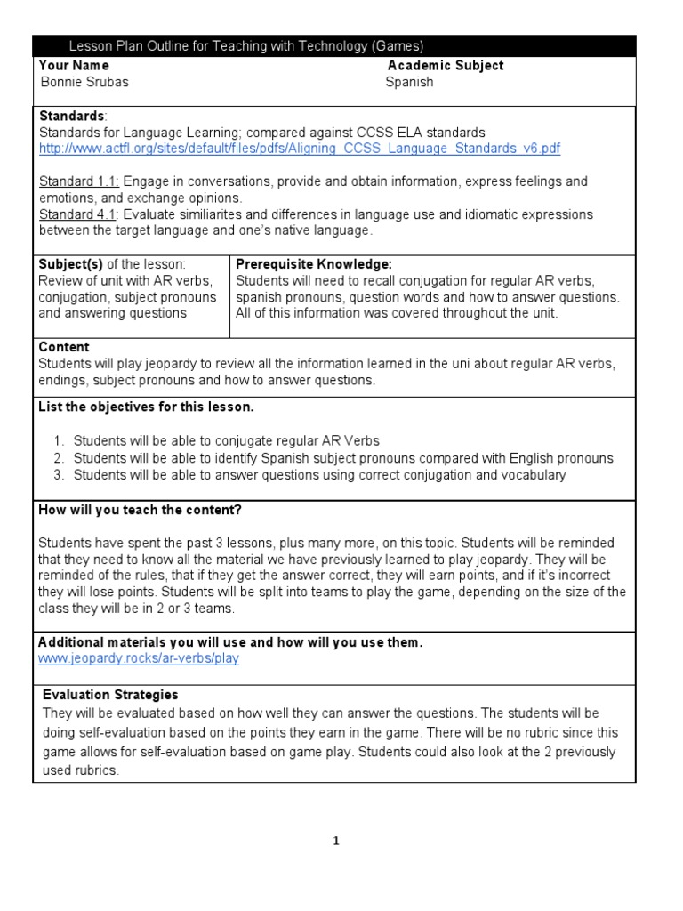Spanish Jeopardy Lesson Plan | PDF