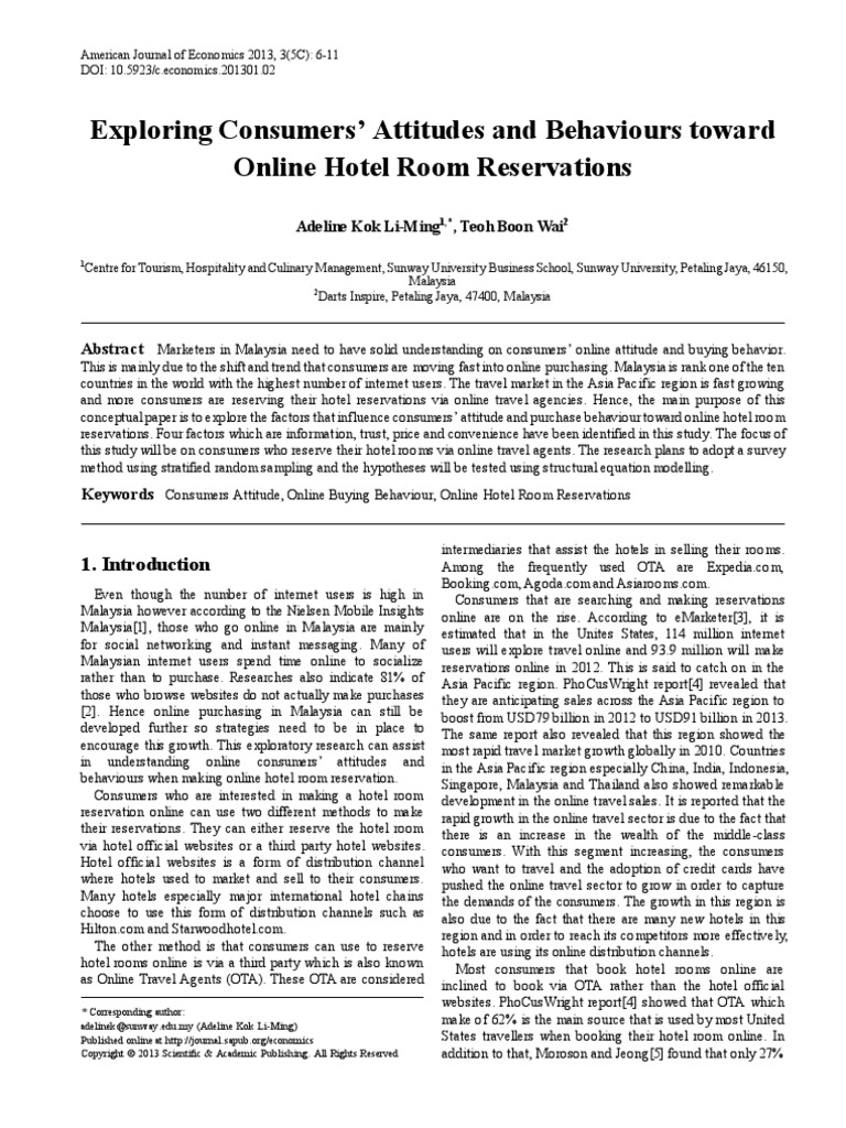 Exploring Consumers' Attitudes and Behaviours Toward Online Hotel Room ...