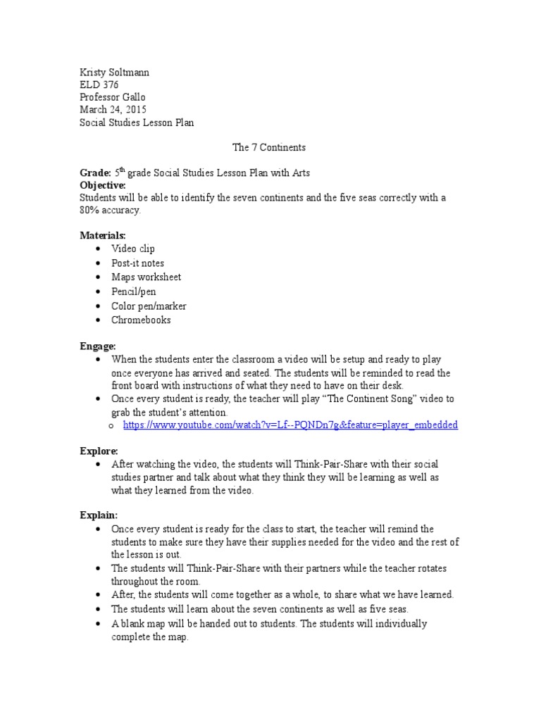 5th Grade Social Studies: Continents Lesson | PDF