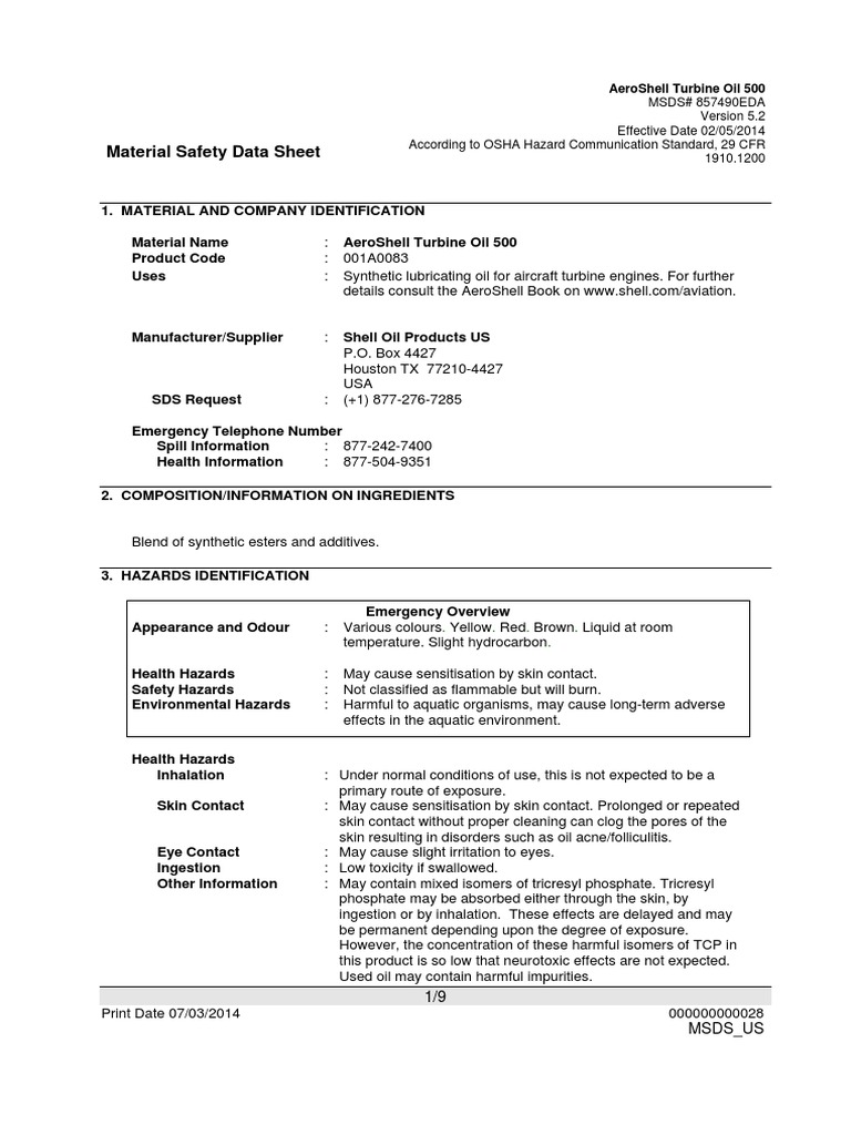 Aeroshell 500 Msds | PDF | Personal Protective Equipment | Toxicity