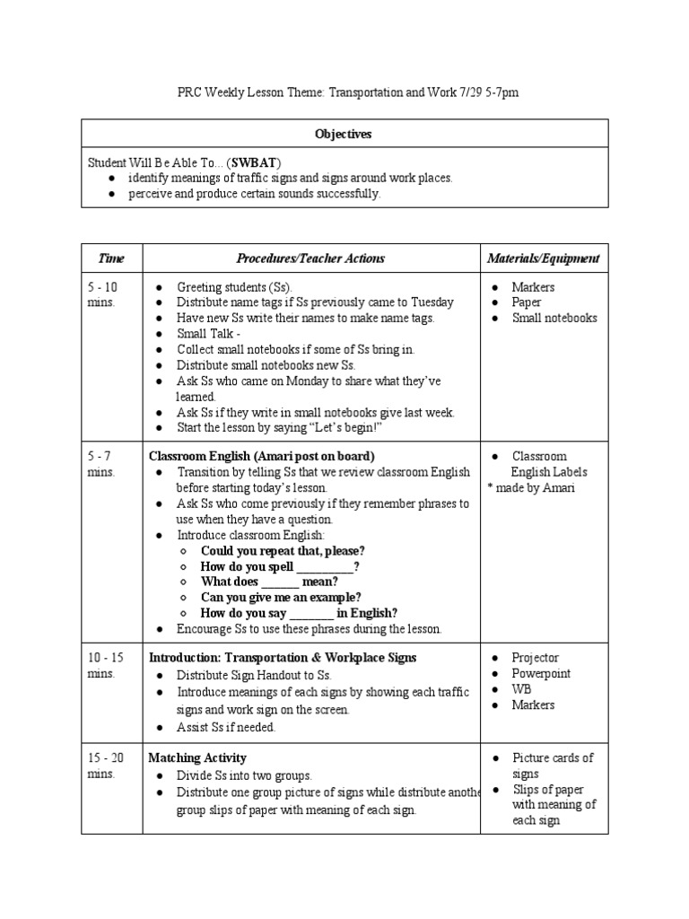 Objectives: Time Procedures/Teacher Actions Materials/Equipment | PDF ...