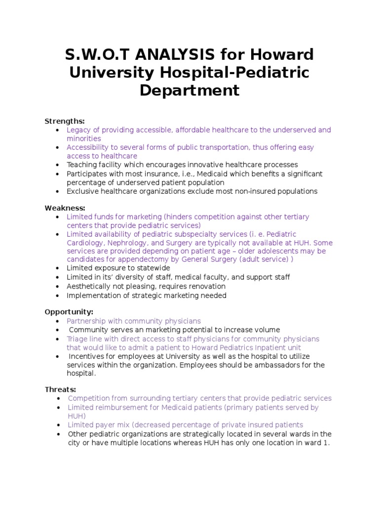 S.W.O.T ANALYSIS For Howard University Hospital-Pediatric Department | PDF