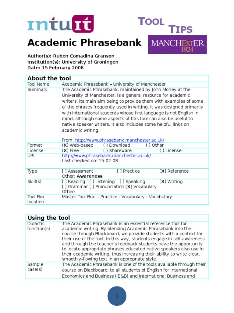Tool Tip Academic Phrasebank | PDF | Vocabulary | Human Communication