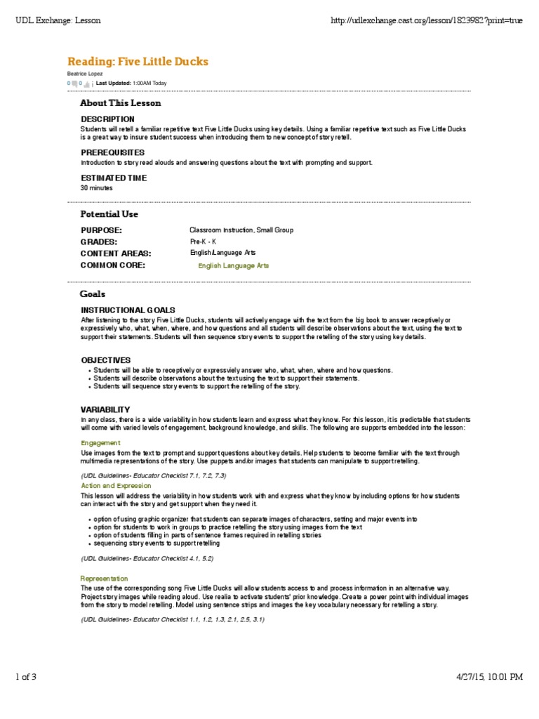 Udl Exchange Five Little Duck Lesson | PDF | Reading Comprehension ...