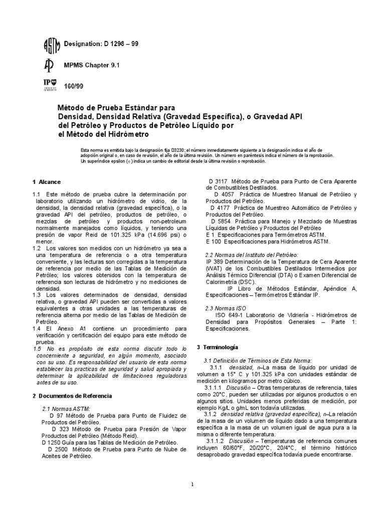 ASTM D 1298 Espanol API | PDF | Densidad | Medición de flujo