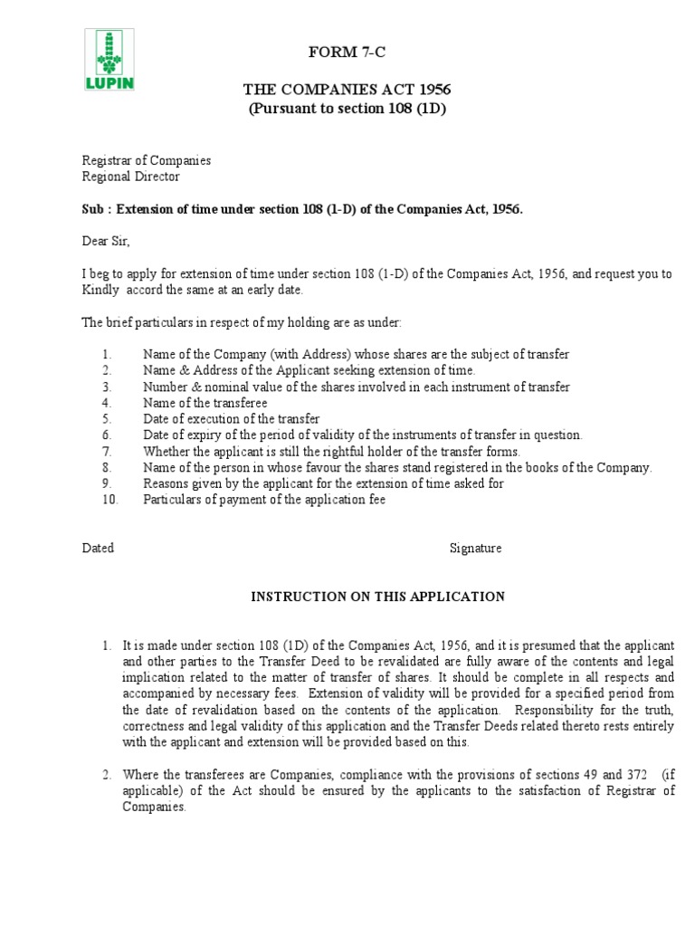 Form 7-C The Companies Act 1956 (Pursuant To Section 108 (1D) | PDF ...