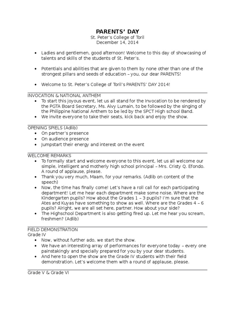 Parents Day Script | Schools | Leisure