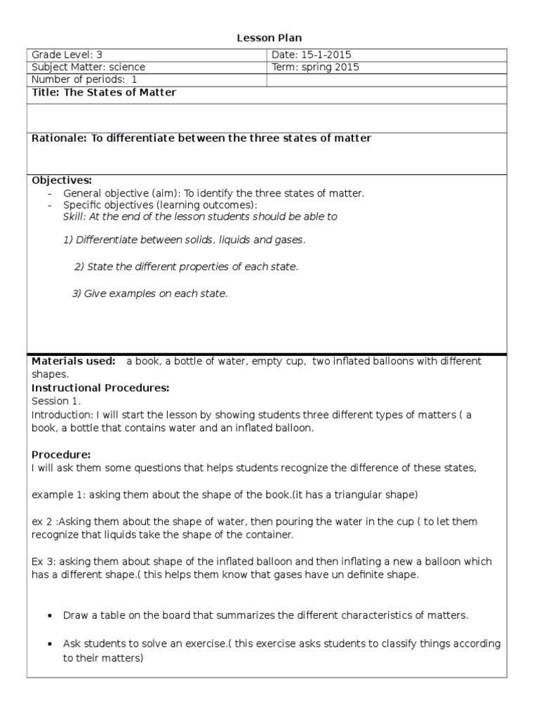 States of Matter Lesson Plan for Grade 3 | PDF