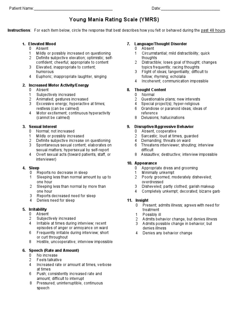 Young Mania Rating Scale (YMRS) patient assessment form | PDF | Mania ...