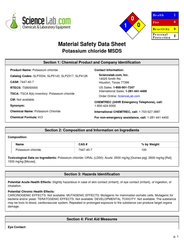 Msds KCL | PDF | Toxicity | Potassium Chloride
