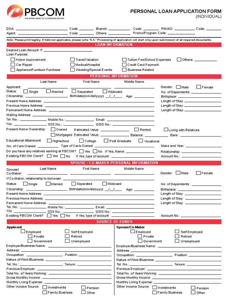 Personal Loan Application Form PBCOM | PDF | Credit Card | Loans