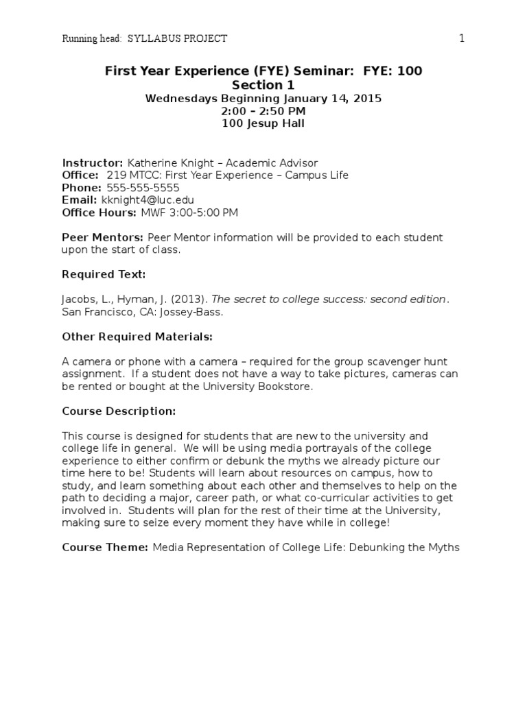 First Year Experience Syllabus | PDF | Educational Assessment | Learning