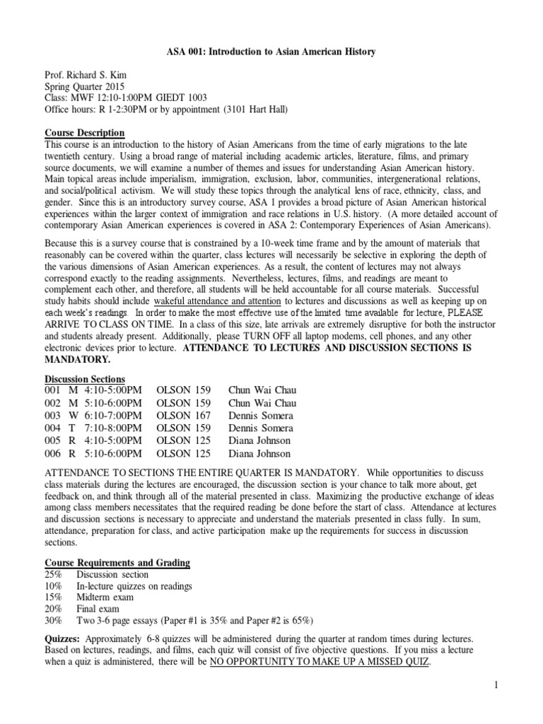 ASA 001 Syllabus S15 Revised | PDF | Internment Of Japanese Americans ...