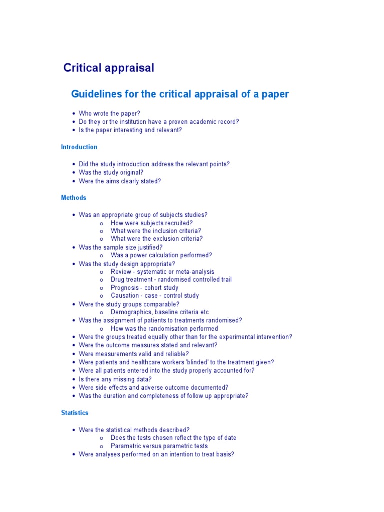 Critical Appraisal: Guidelines For The Critical Appraisal of A Paper ...