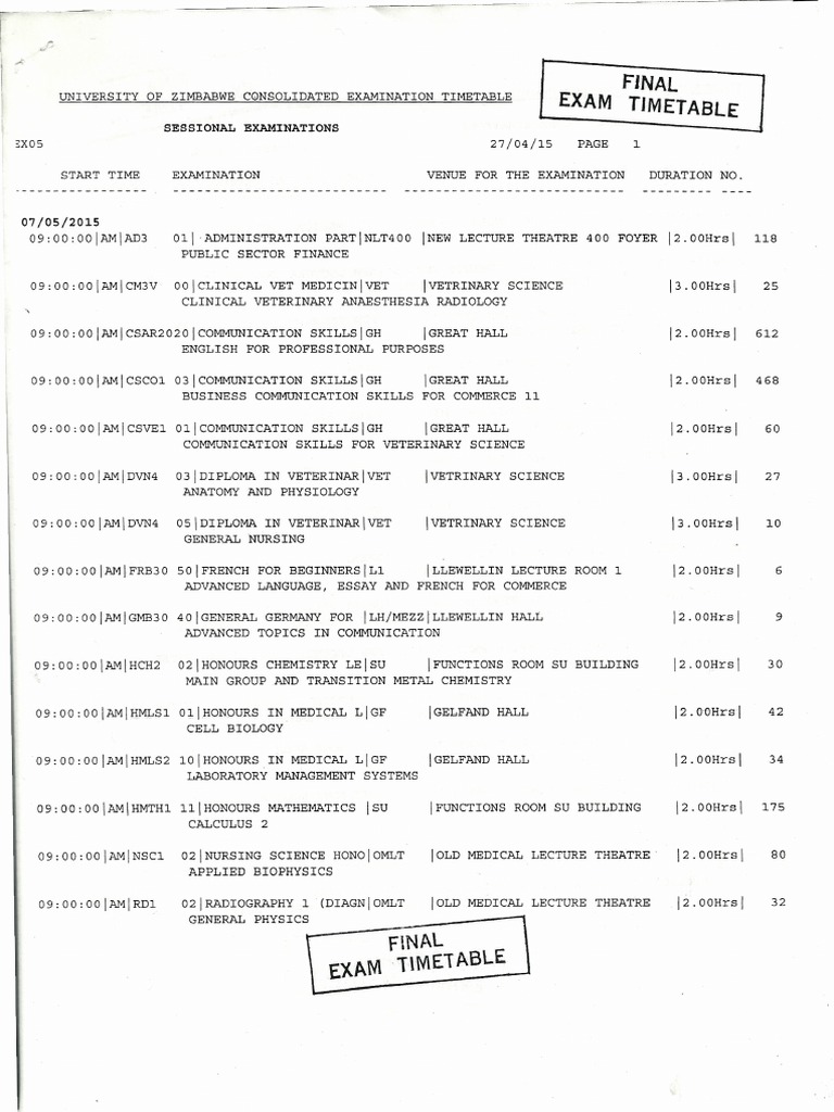 UZ Exam Timetable 2015 | PDF | Sociology | Geography