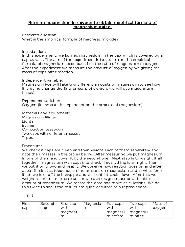 Obtain Empirical Formula of Magnesium Oxide | PDF | Mole (Unit) | Magnesium