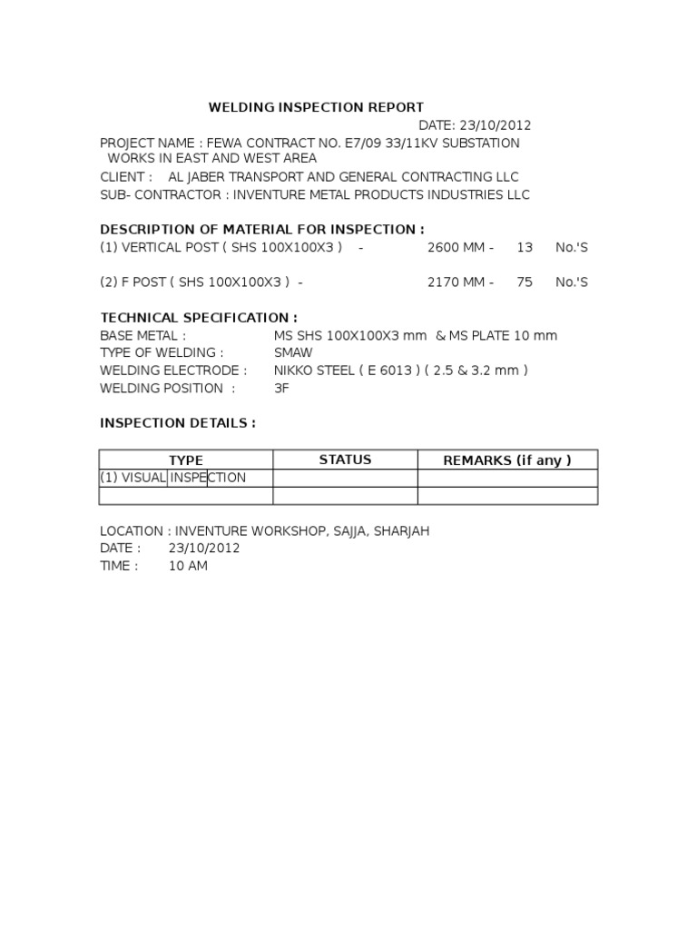 Welding Inspection Report for FEWA Project | PDF | Technology & Engineering