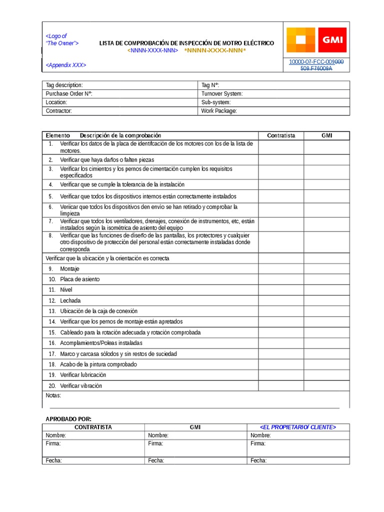 Checklist Inspeccion Motor Electrico