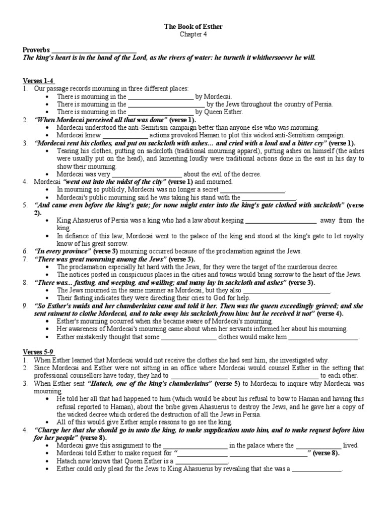Esther Chapter 4 Handout | PDF | Book Of Esther | Esther