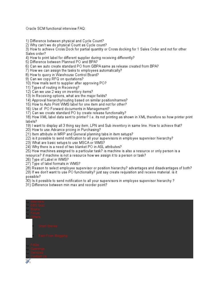 Oracle SCM Functional Interview FAQ | PDF | Inventory | Invoice