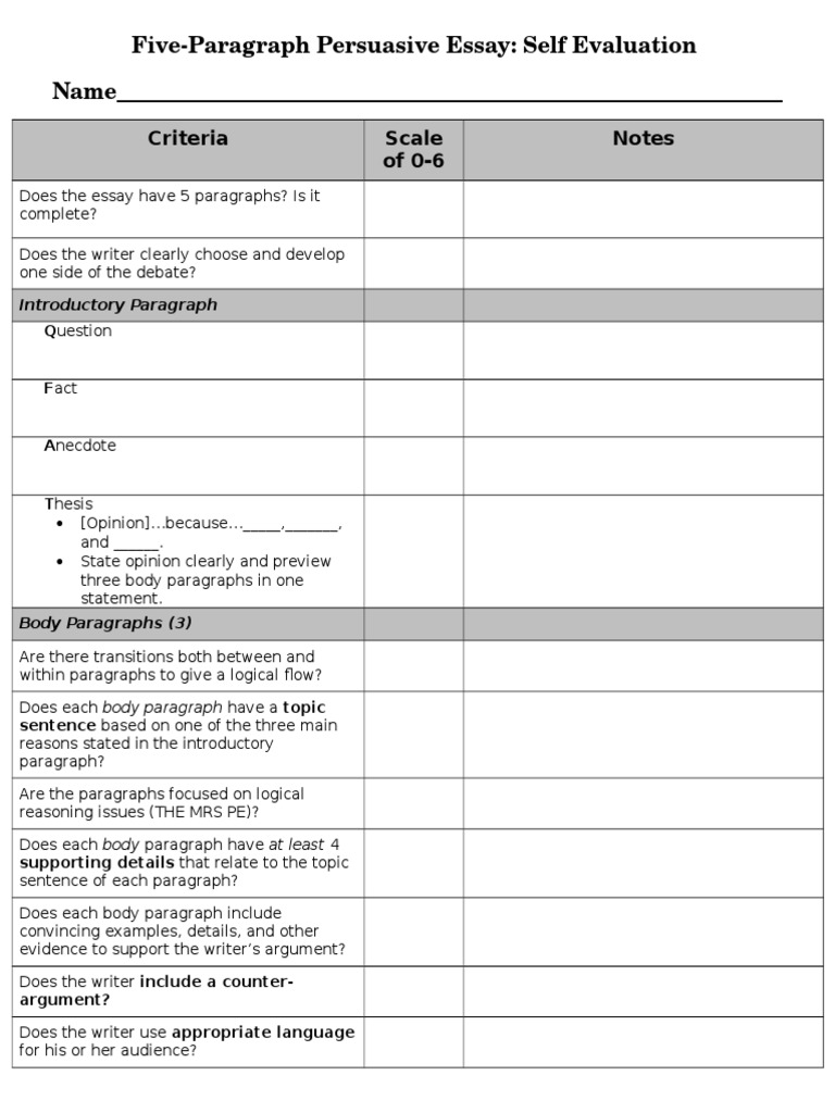 Persuasive Essay Self Evaluation | PDF | Paragraph | Essays