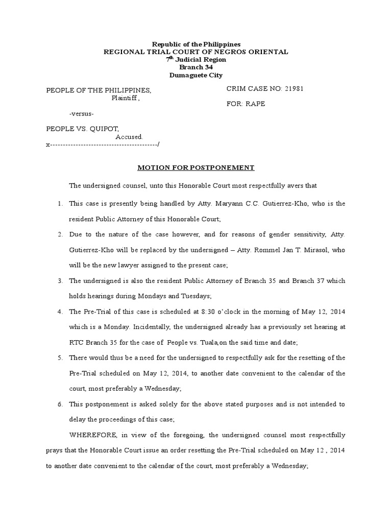 Motion For Postponement | PDF