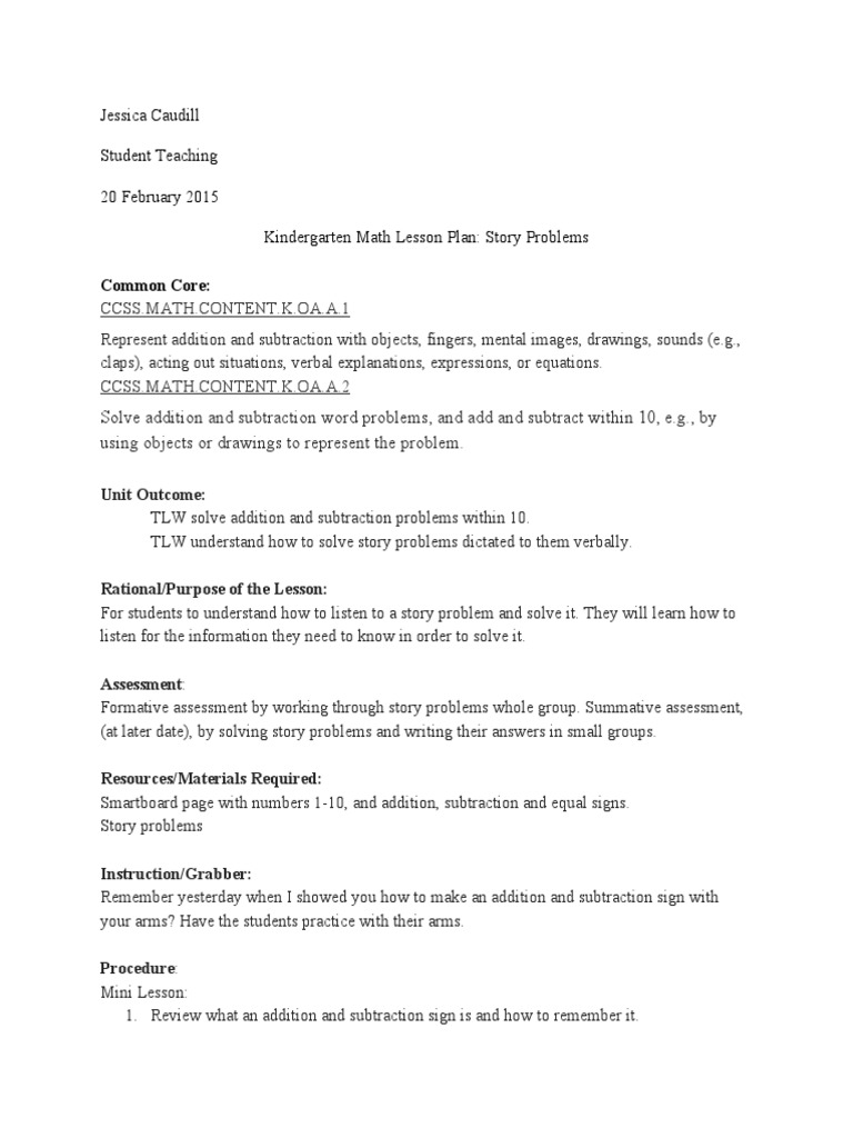 Kindergarten Math Story Problems Plan | PDF