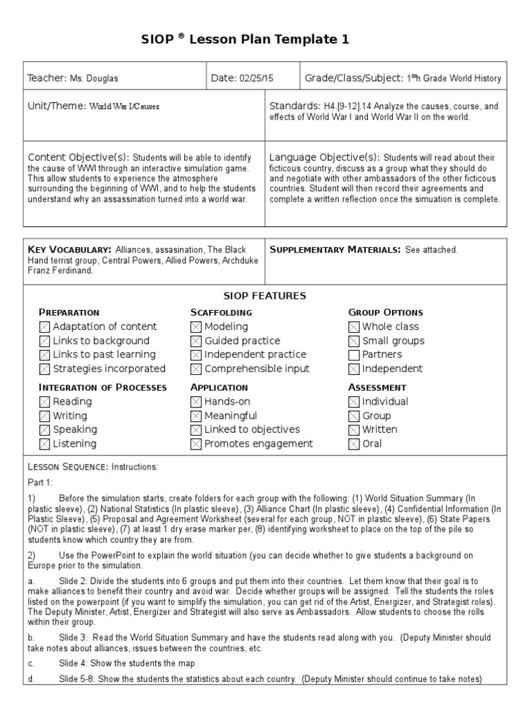 Siop Lesson Plan Template 1: Teacher: Date: Grade/Class/Subject: Unit/Theme: Standards | PDF ...