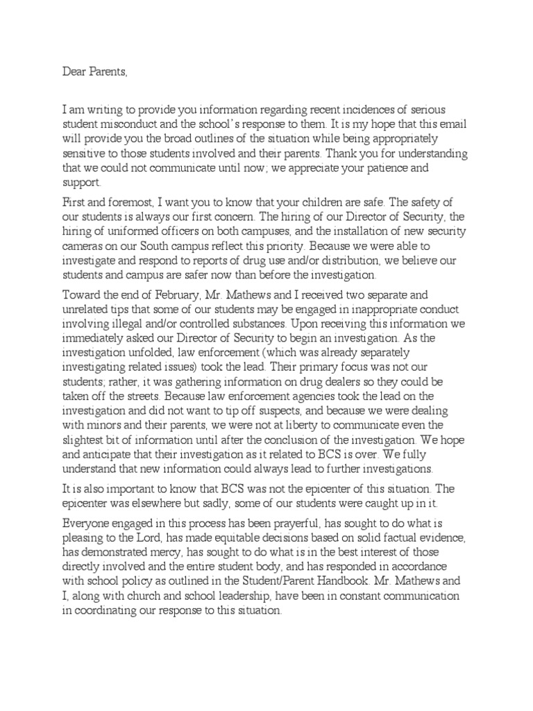 Letter to Parents Re Student Discipline Matter 2015 | Forgiveness | Sin