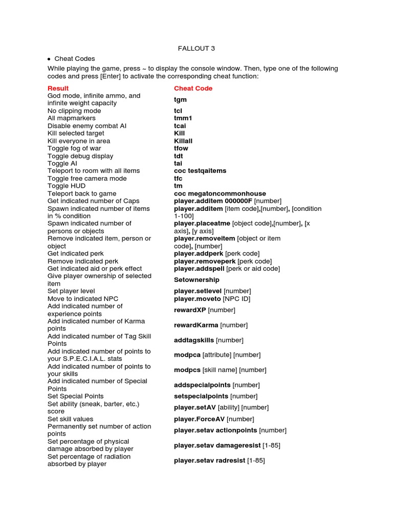 FALLOUT 3 Cheats | PDF | Cheating In Video Games | Armed Conflict