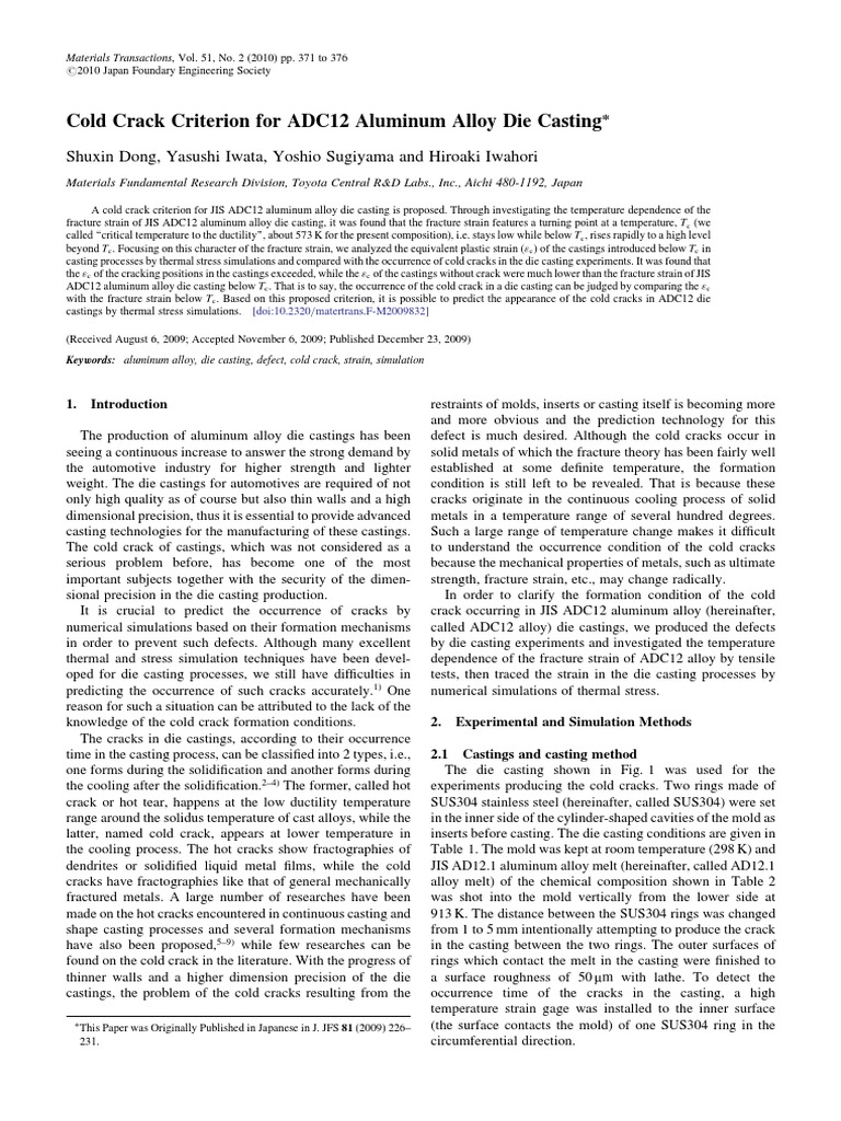 Cold Crack Criterion For ADC12 Aluminum Alloy Die Casting | PDF ...