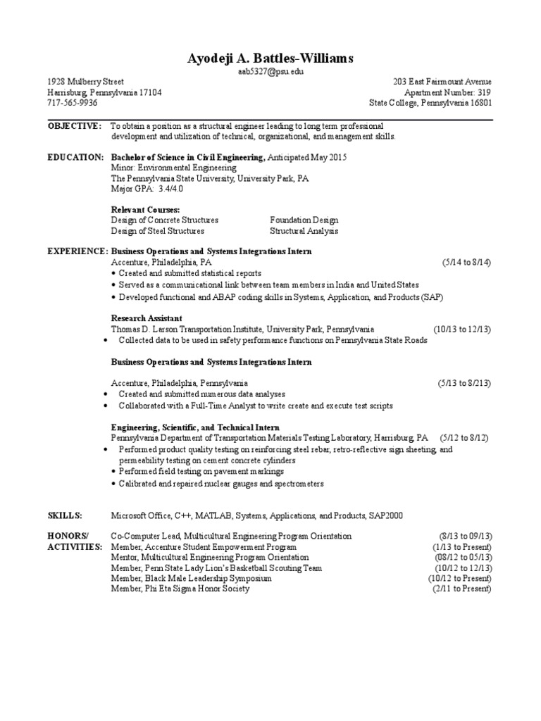 CE 448W Resume | PDF | Pennsylvania State University | Pennsylvania
