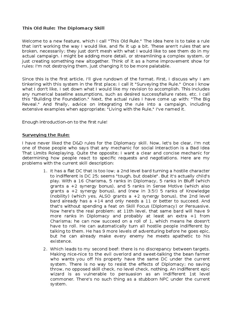 This Old Rule: The Diplomacy Skill | PDF